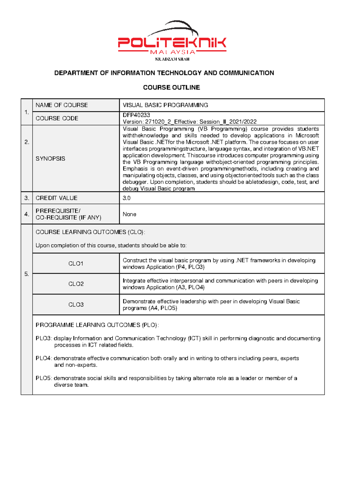 CO DFP40233 Visual Basic Programming Course Outline and Learning ...