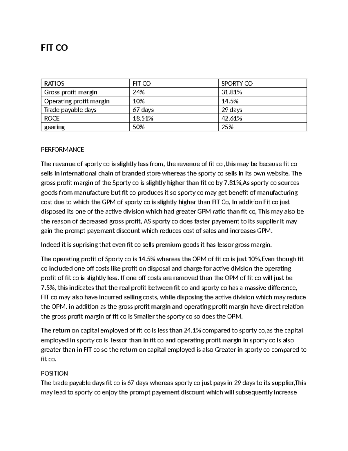 FIT CO vs SPORTY CO: A Comparative Analysis of Financial Ratios - Studocu