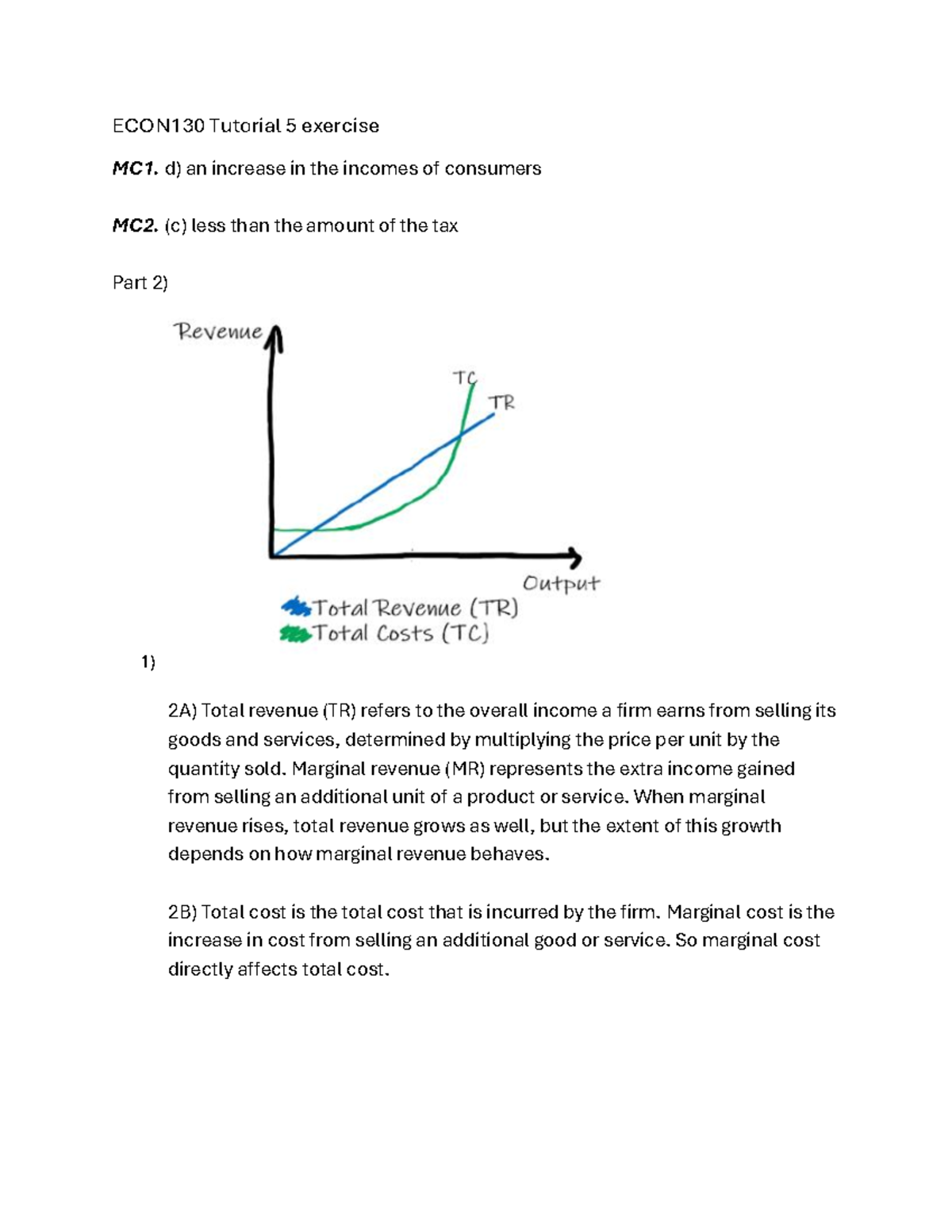 Tutorial 5 Exercise Completed - ECON130 Tutorial 5 exercise MC1. d) an ...