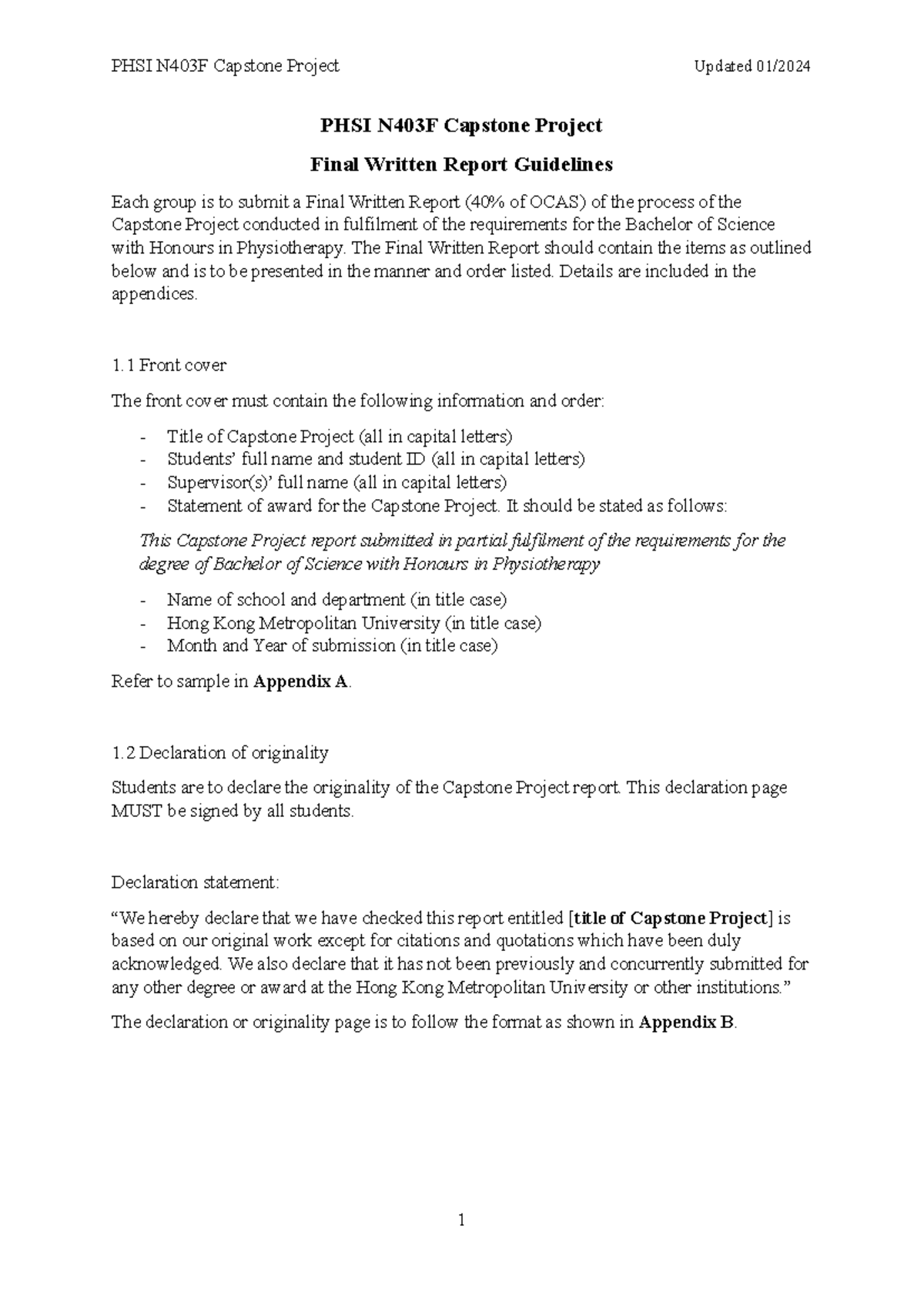 PHSI N403F Capstone Project Final Report Guidelines - Studocu