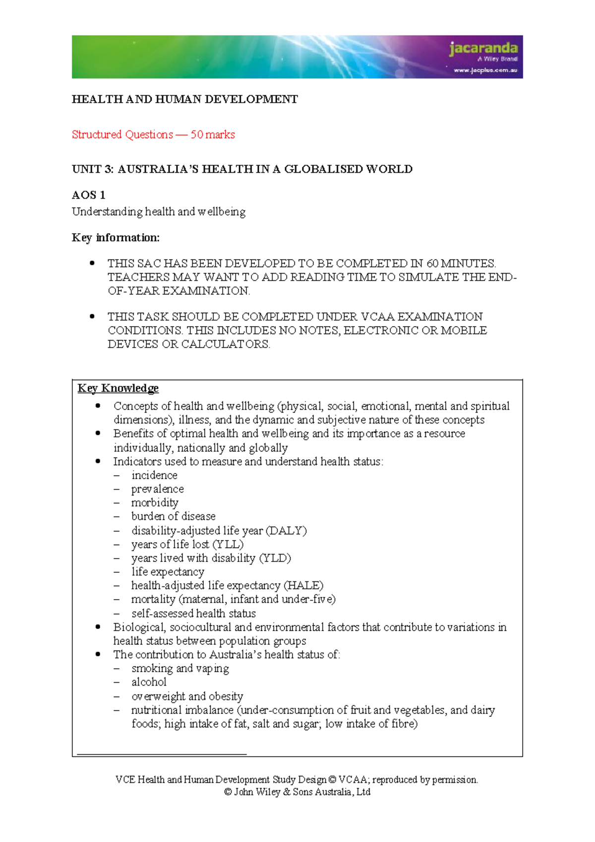 HEALTH AND HUMAN DEVELOPMENT VCE SAC: UNIT 3 Global Health Insights ...