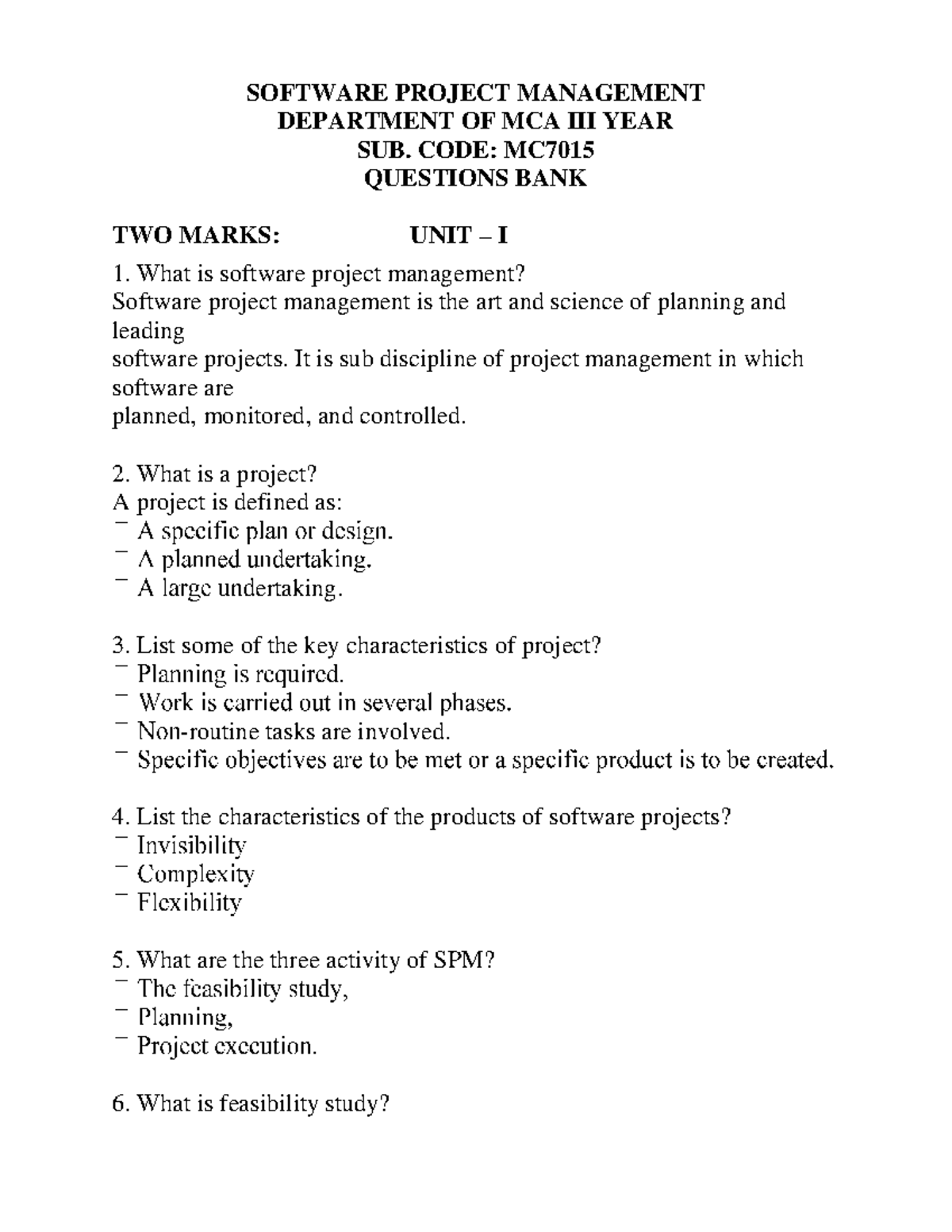 MC7015 Software Project Management: Two Marks Question Bank - Studocu
