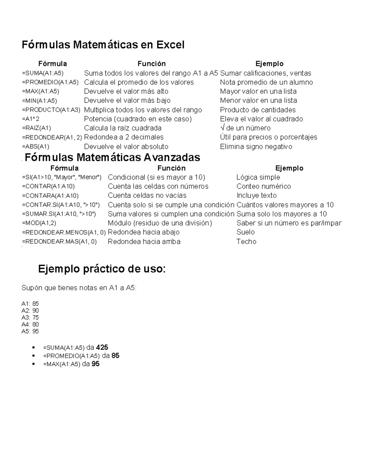 Fórmulas Matemáticas en Excel: Funciones y Ejemplos Prácticos - Studocu