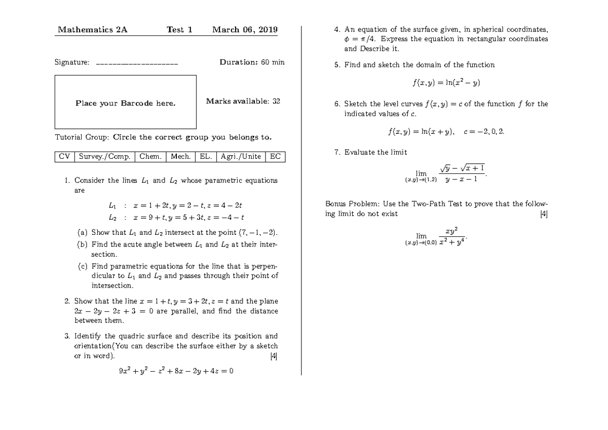 2019 test1 - cool - Mathematics 2A Test 1 March 06, 2019 Signature ...