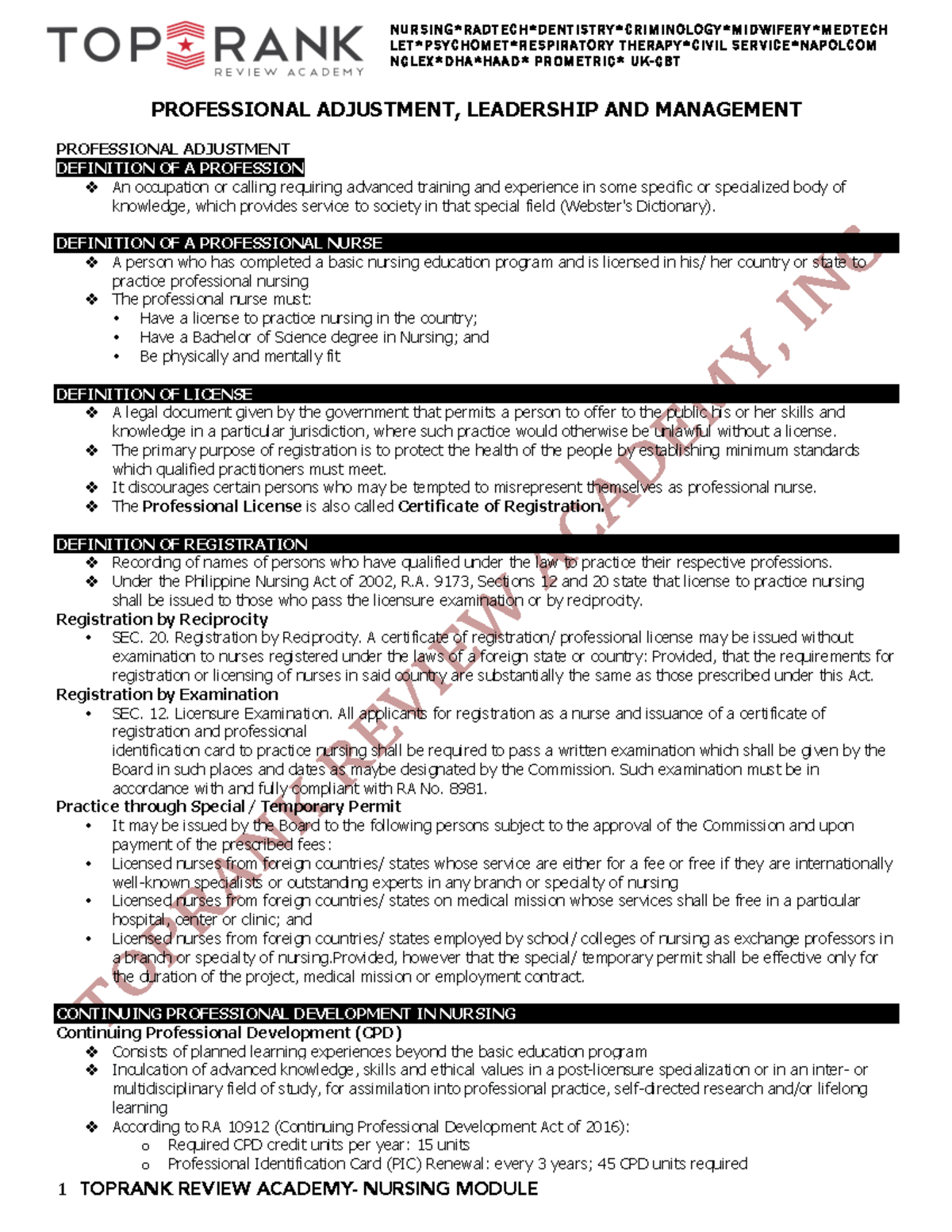 PROFESSIONAL ADJUSTMENT IN NURSING: LEADERSHIP & MANAGEMENT REVIEW ...