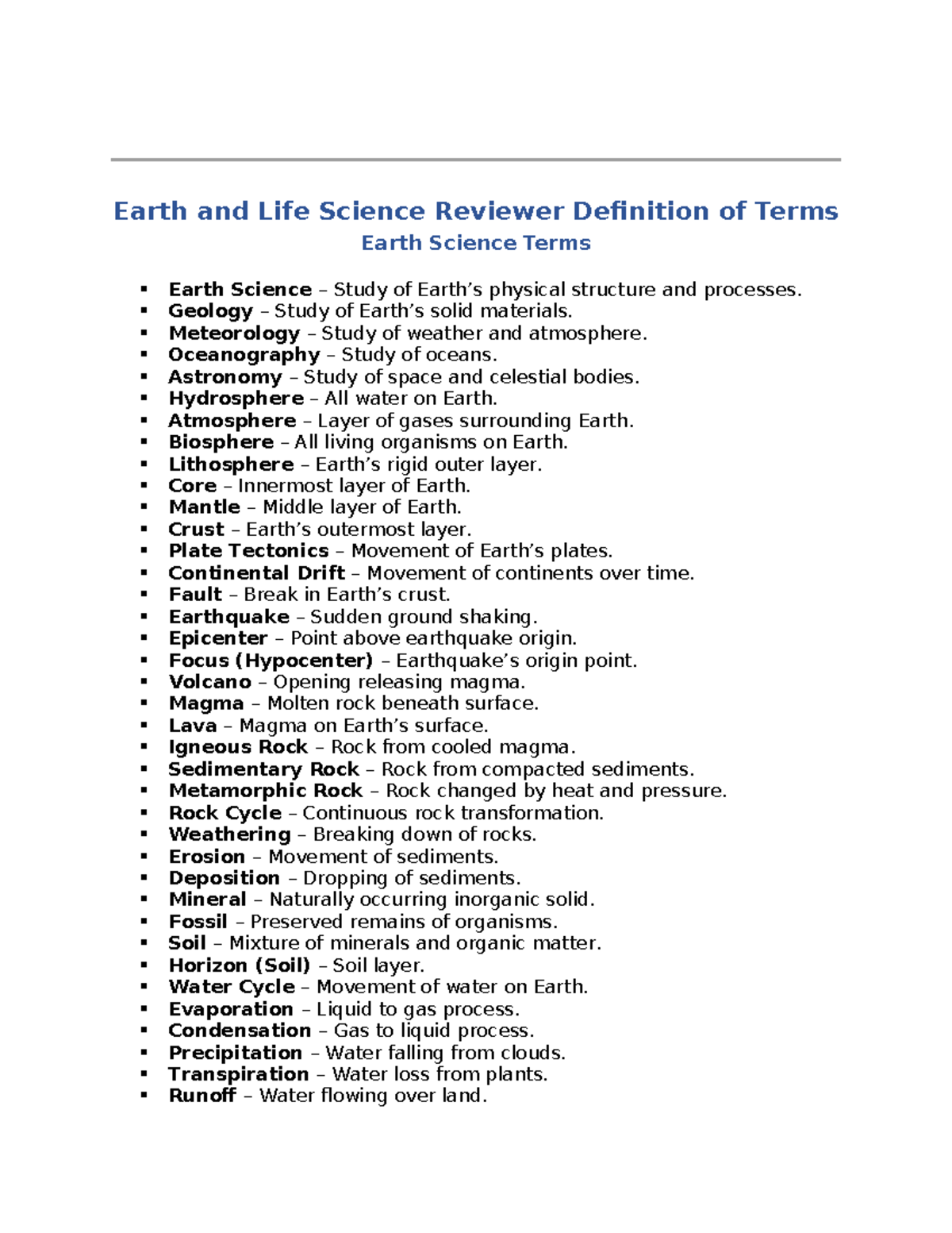 Earth & Life Science Reviewer: Key Terms and Definitions - Studocu