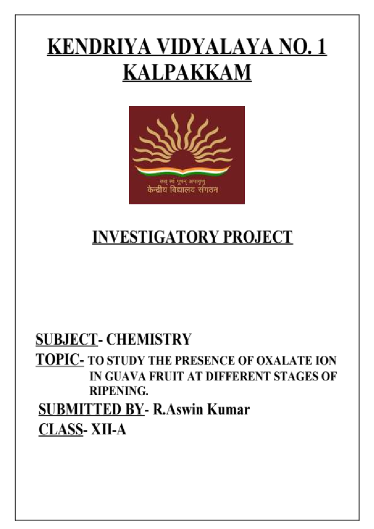 Class 12 Chemistry Investigatory Project: Oxalate Ion in Guava Fruit ...