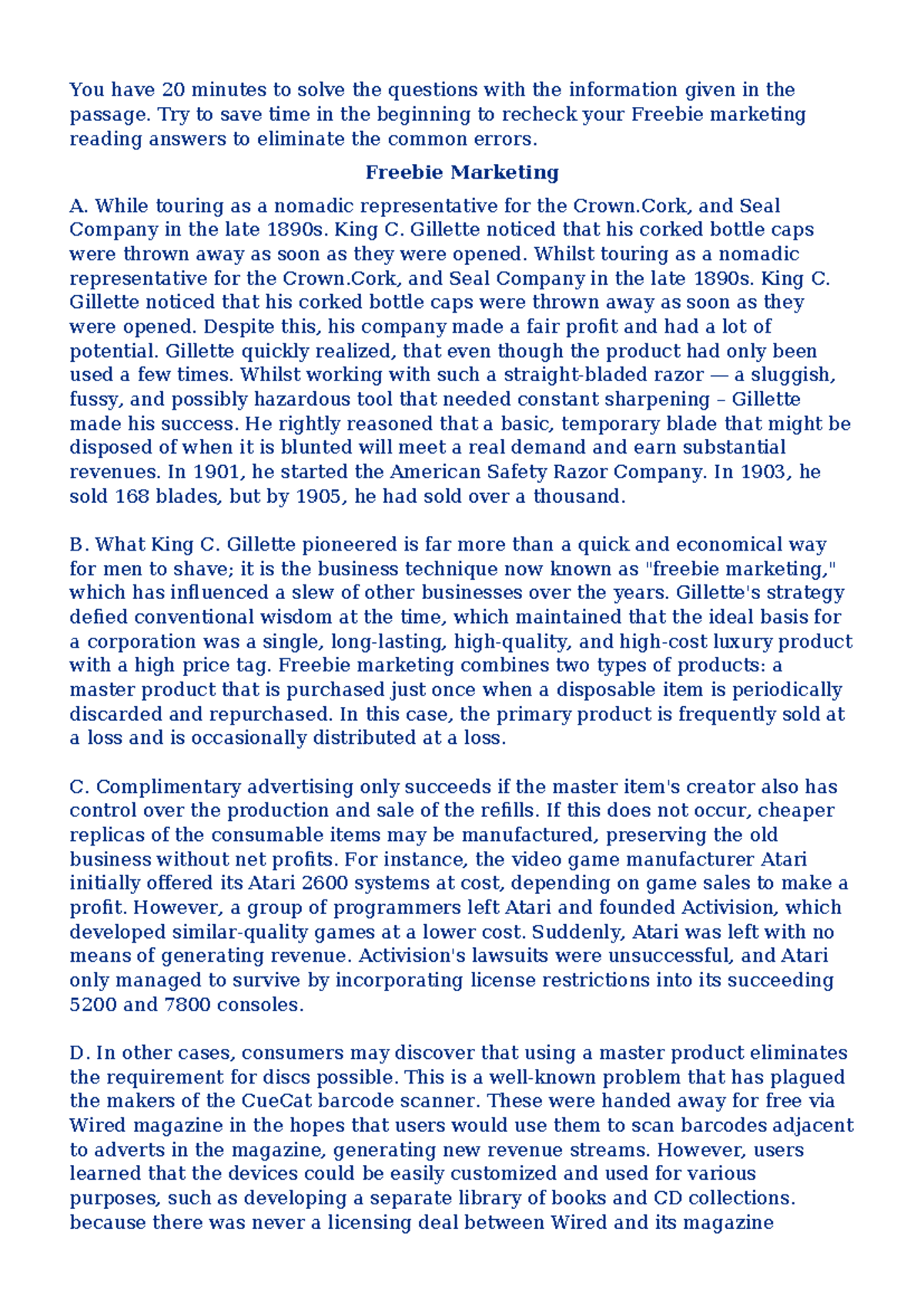 Freebie Marketing Reading Task: Understanding Key Concepts and ...