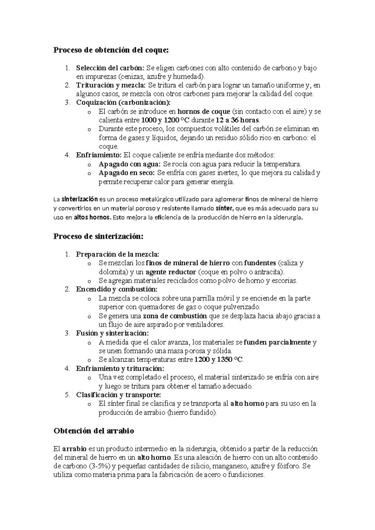 Proceso de Obtención y Sinterización del Coque en Siderurgia - Studocu