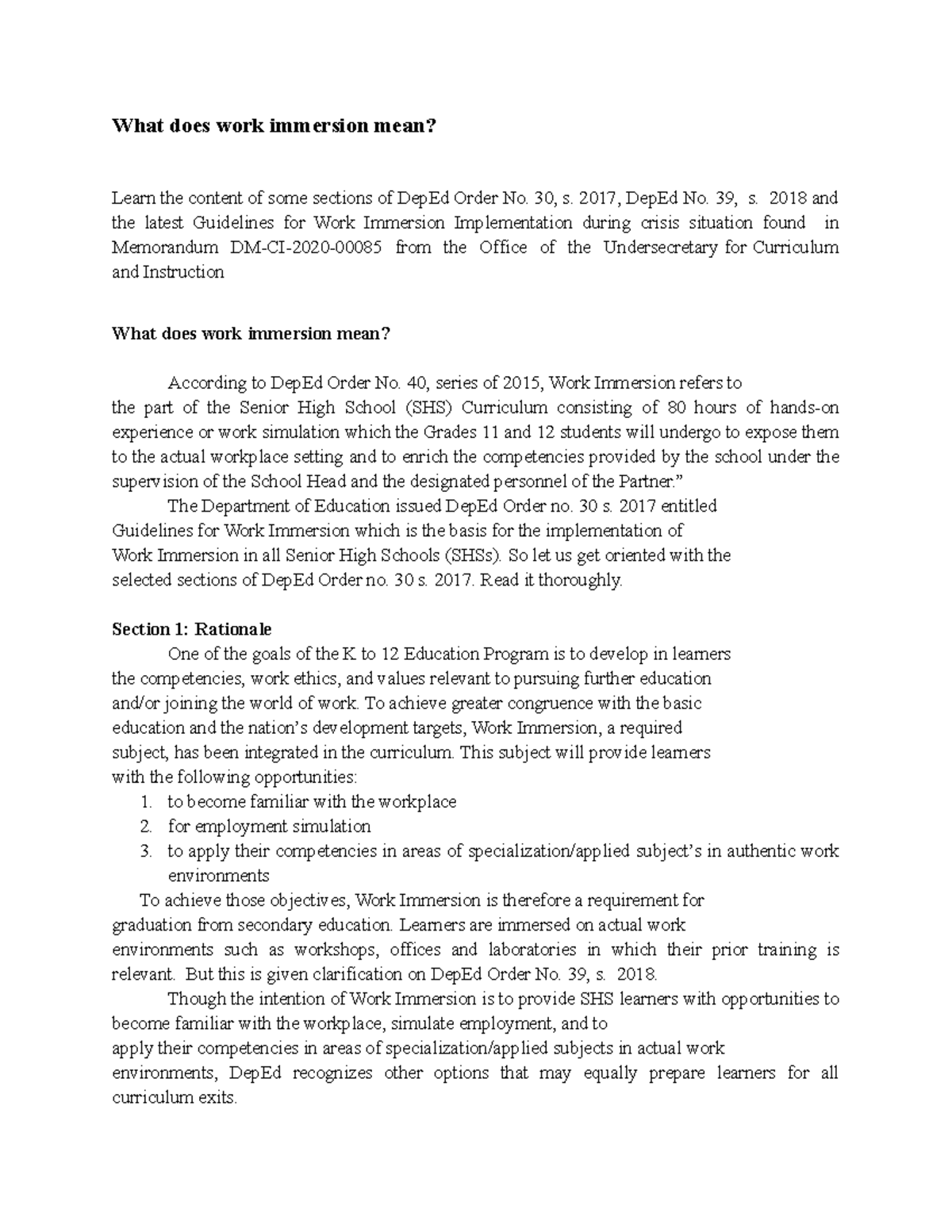 WORK Immersion Overview: DepEd Orders No. 30, 39, & 40 Insights - Studocu