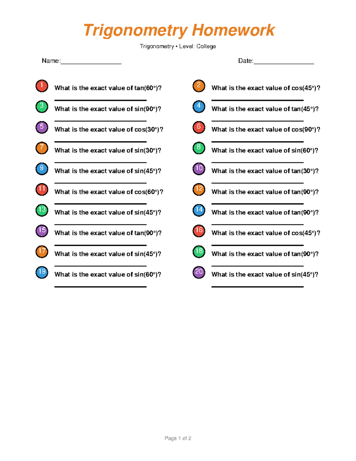 Trigonometry Homework (College 1) - Exact Values 1 to 20 - Studocu