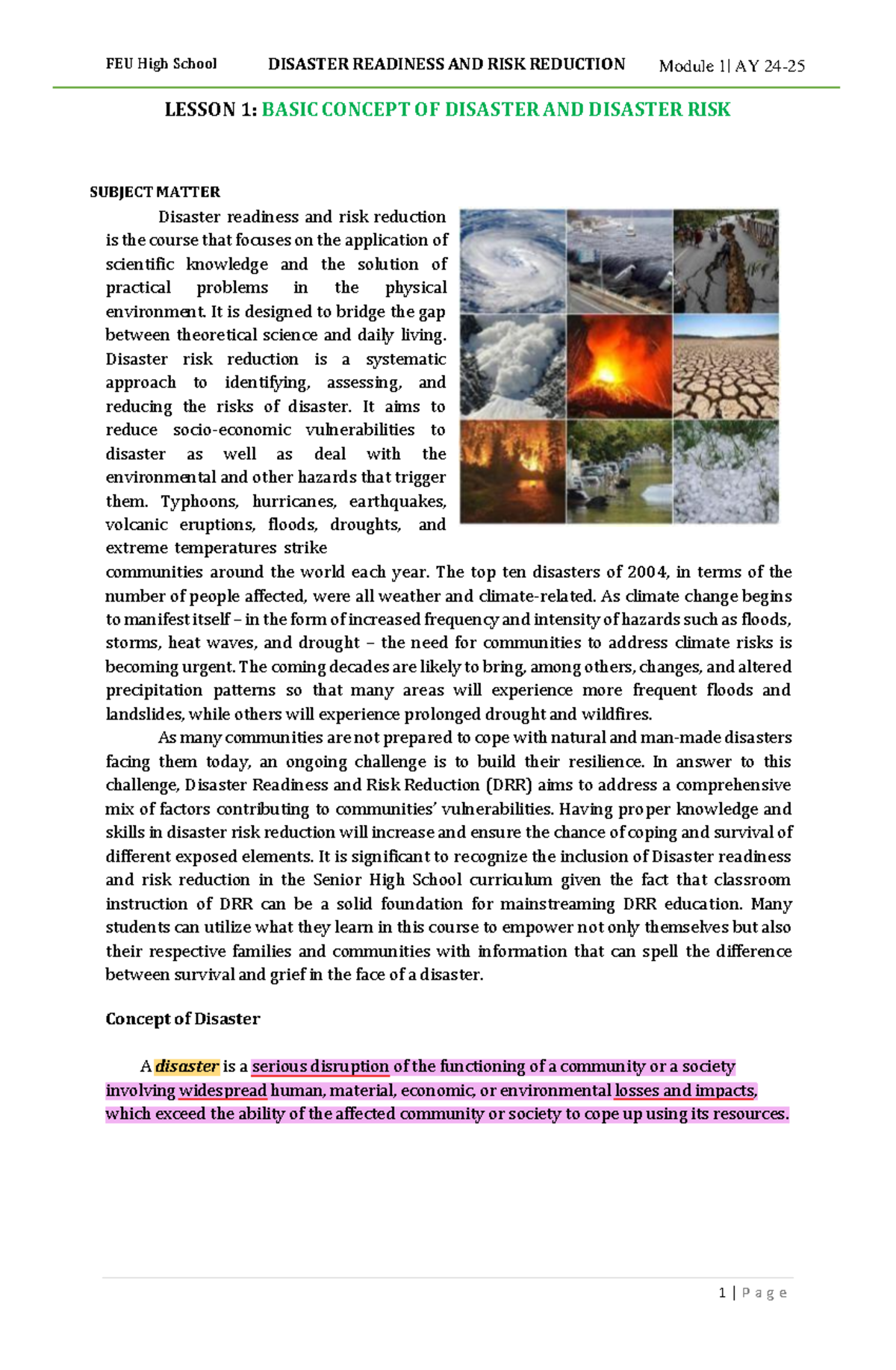 (highlighted) Study Guide 1 – The Concept of Disaster - LESSON 1: BASIC ...