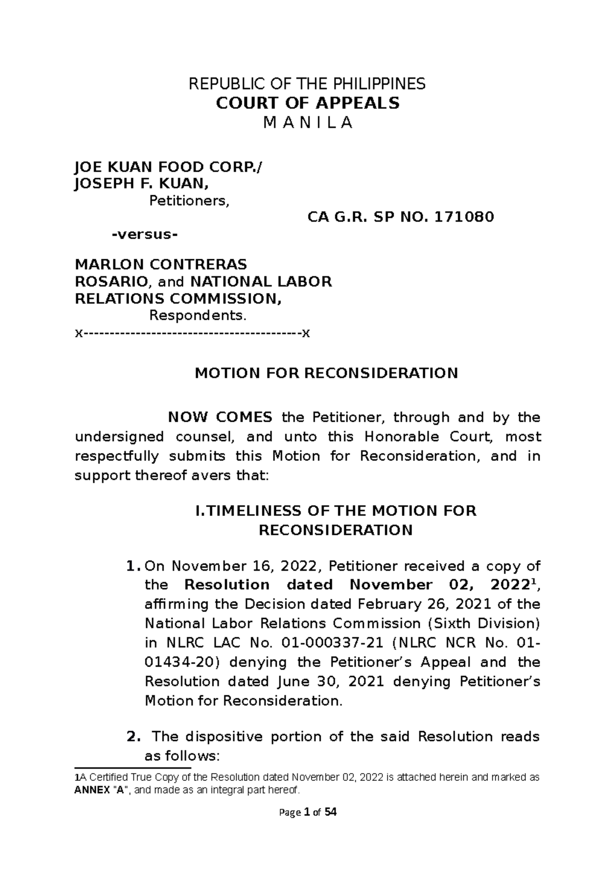 Motion for Reconsideration in CA G.R. SP No. 171080 - Marlon Contreras ...