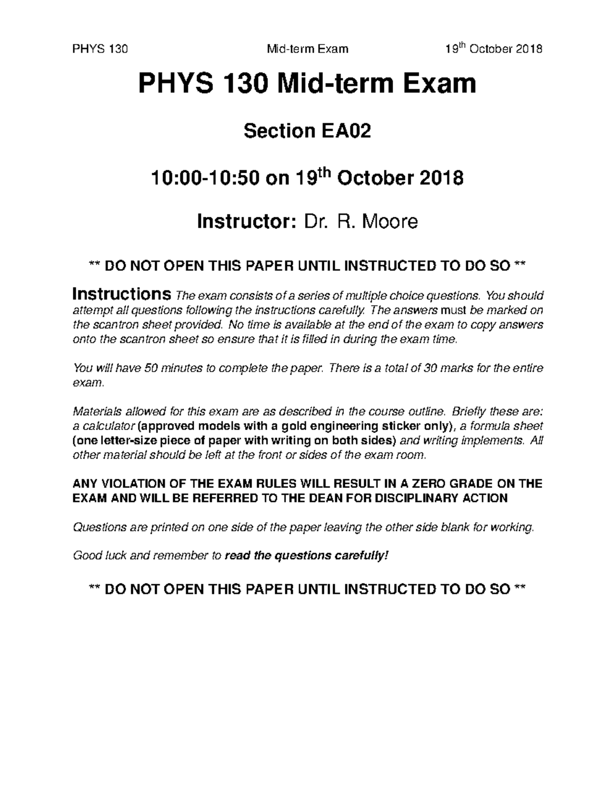 PHYS 130 Fall 2018 Midterm Exam Solutions by Dr. R. Moore - Studocu