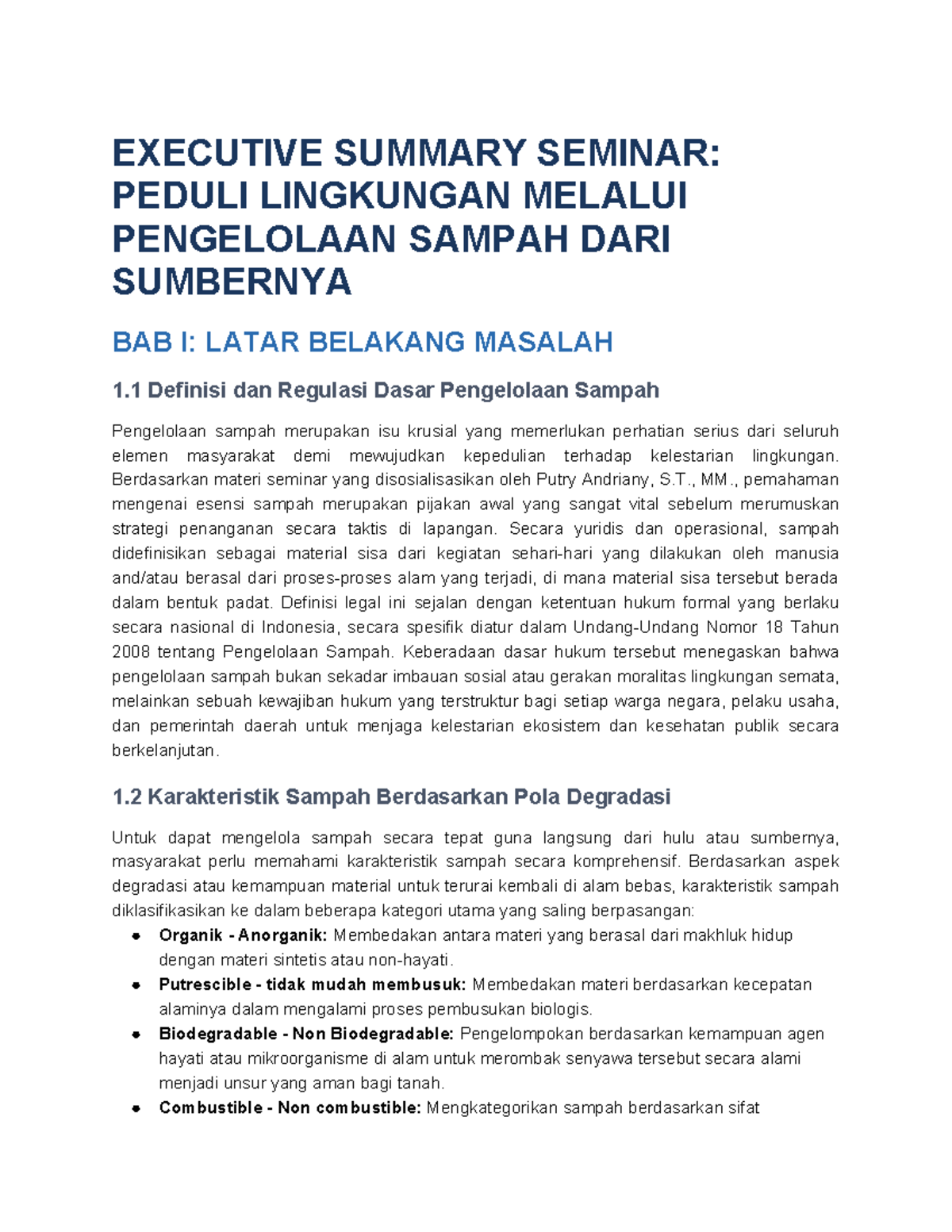 EXECUTIVE SUMMARY SEMINAR: PENGELOLAAN SAMPAH DARI SUMBERNYA - Studocu