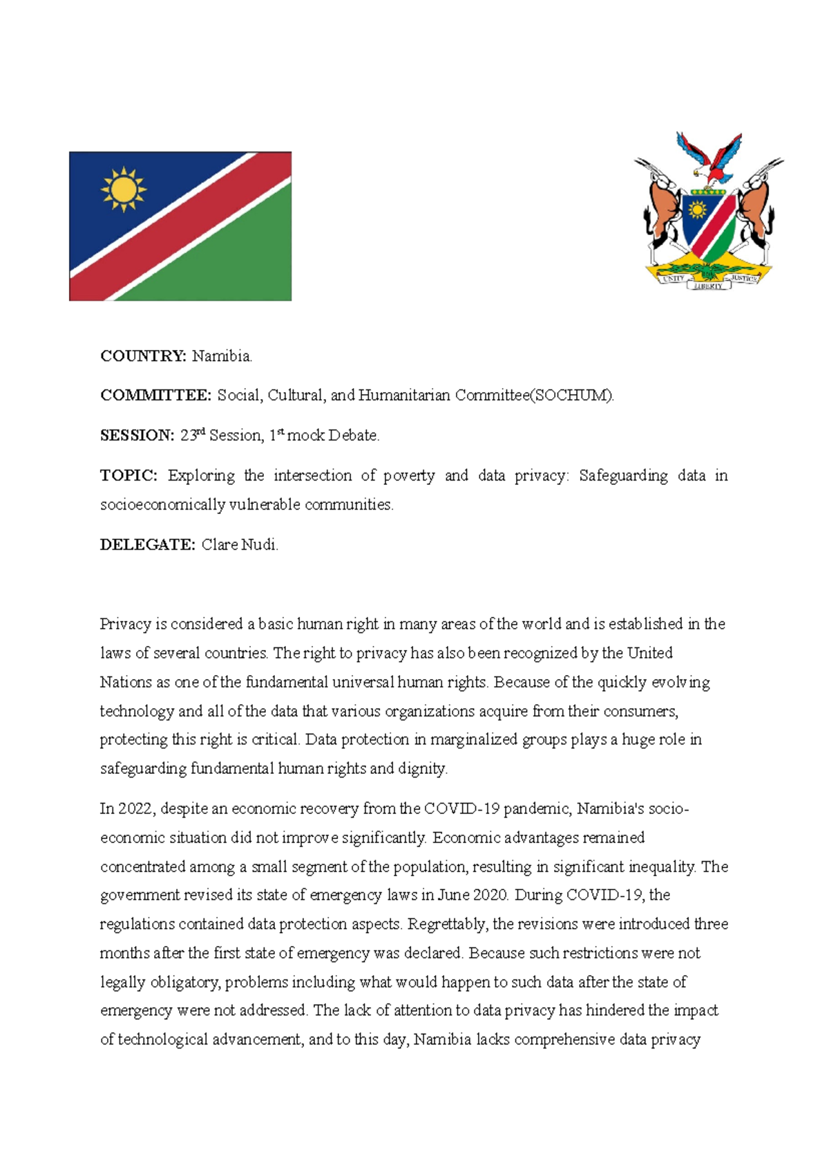 Sochum-Namibia Position Paper - COUNTRY: Namibia. COMMITTEE: Social ...