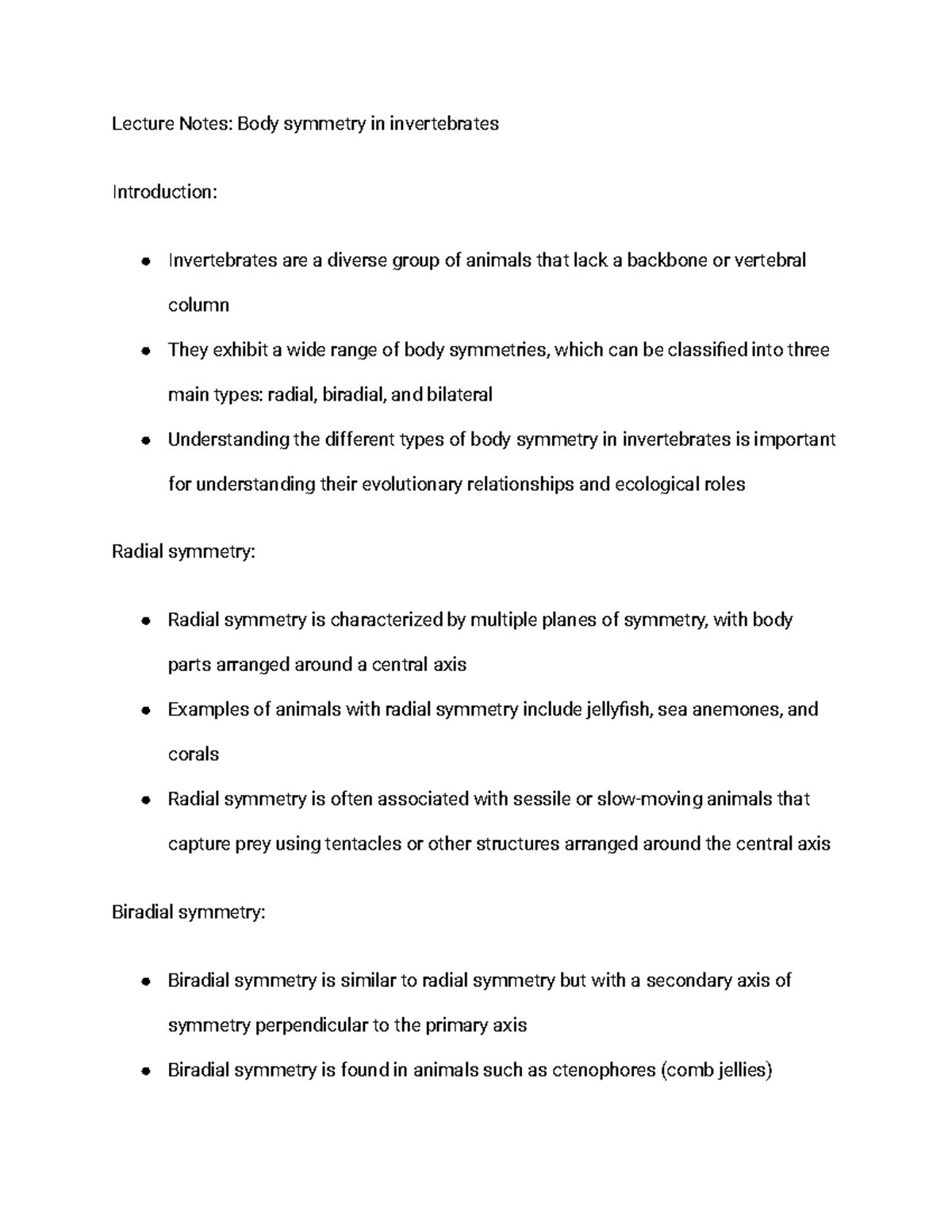 Lecture Notes: Understanding Body Symmetry in Invertebrates - Studocu