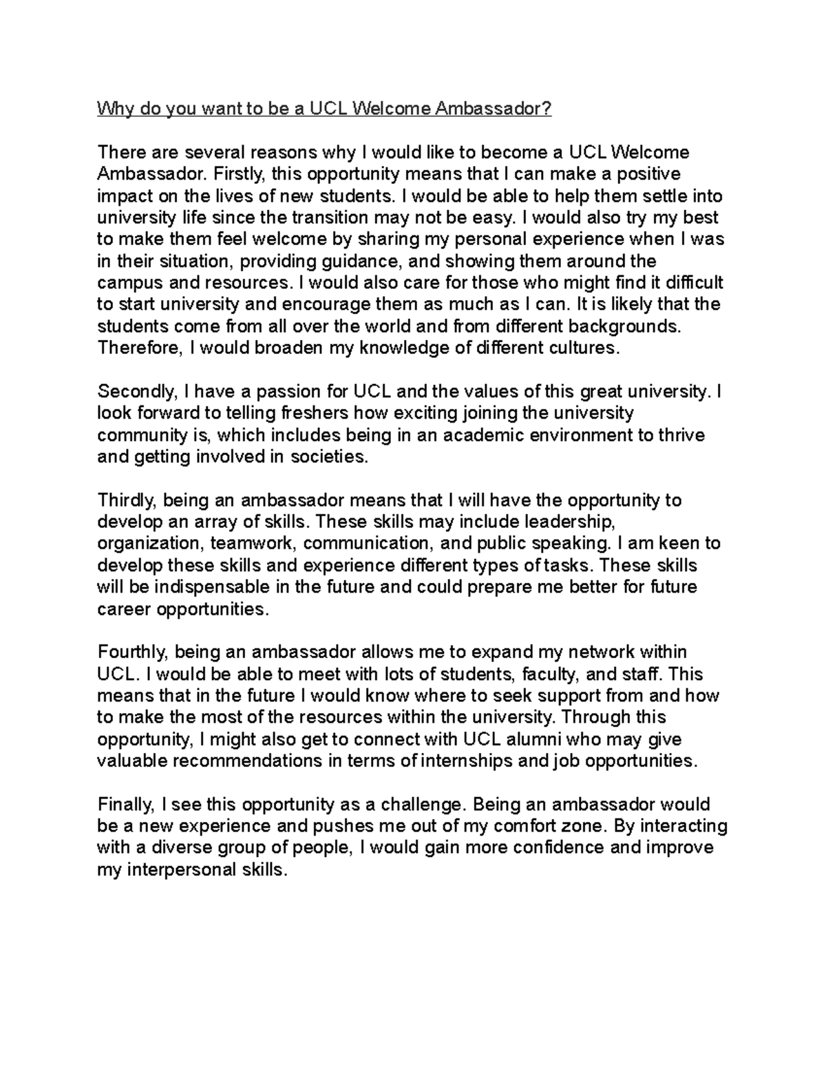 UCL Welcome Ambassador Application: Skills & Qualities Overview - Studocu