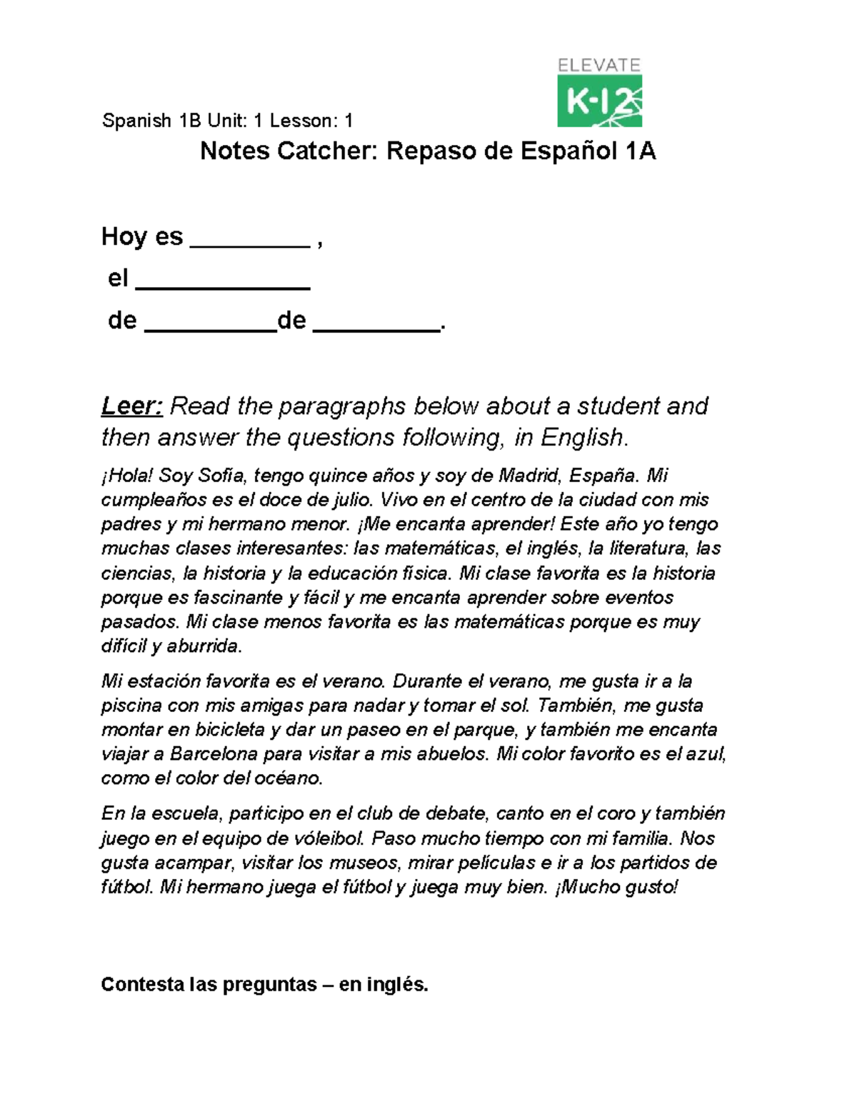 Spanish 1B Unit 1 Lesson 1 Notes: Repaso de Español 1A - Studocu