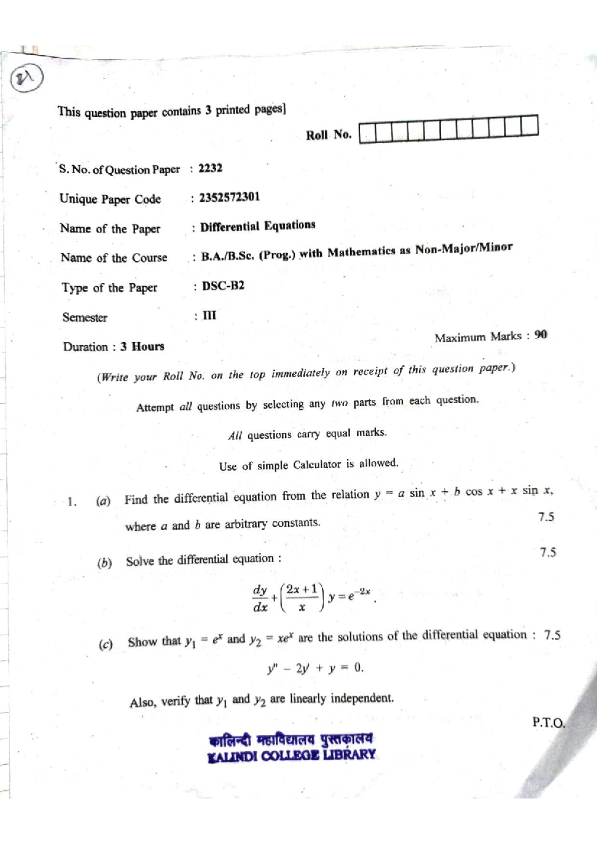 数学 2232: Differential Equations - Previous Year Question Paper - Studocu