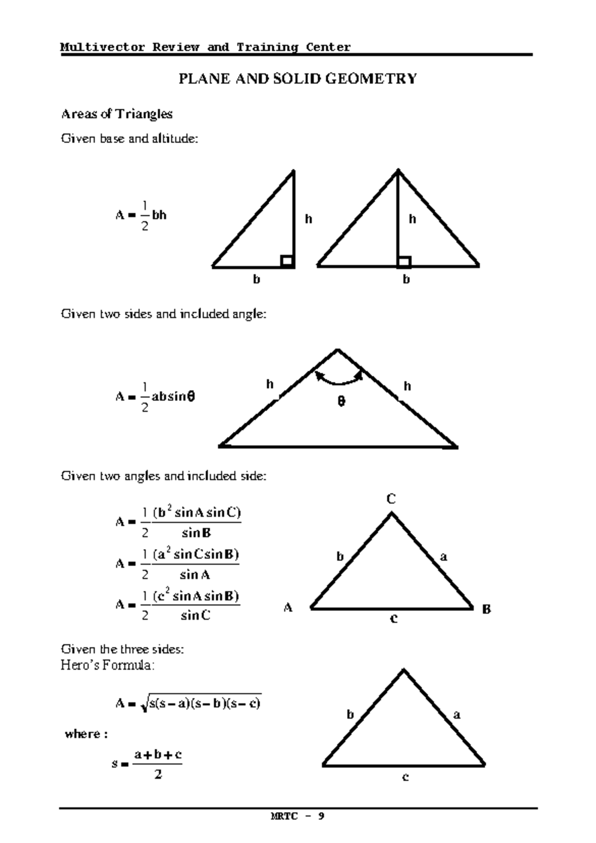 MRTC Plane and Solid Geometry Review: Areas and Formulas - Studocu