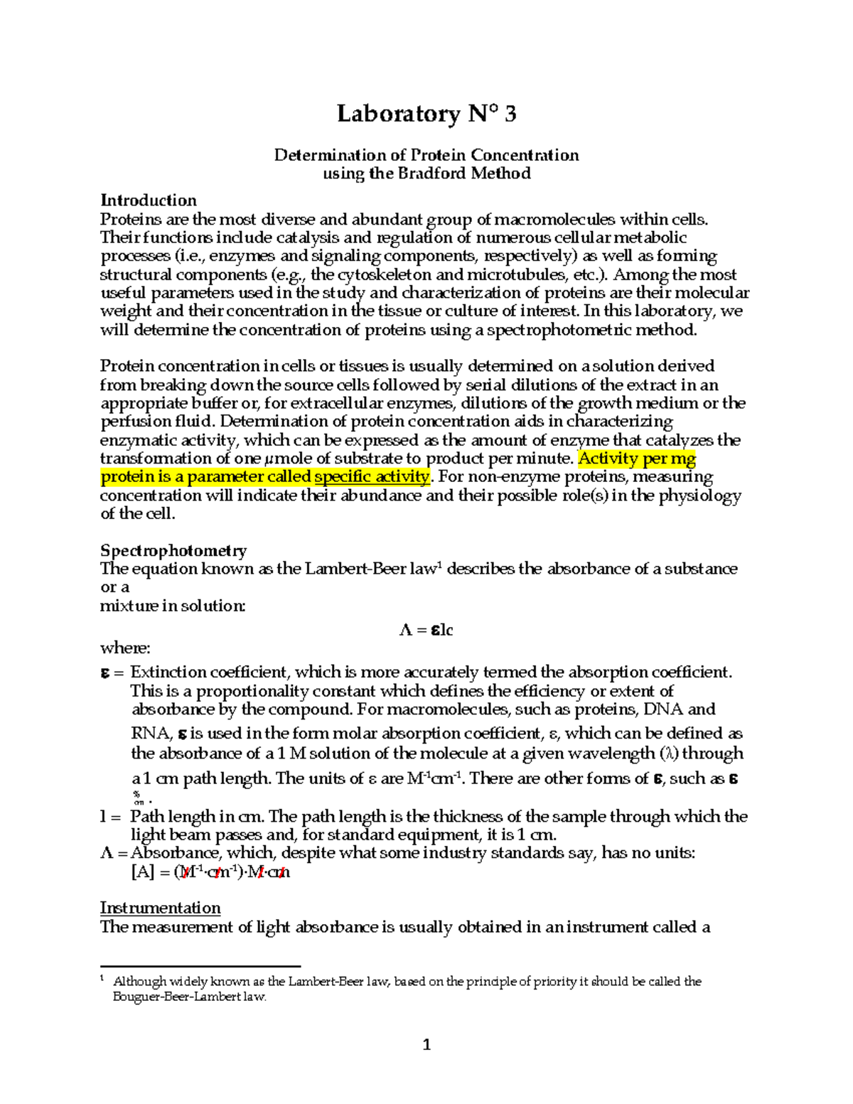 Laboratory 3: Protein Concentration Determination using Bradford Method ...