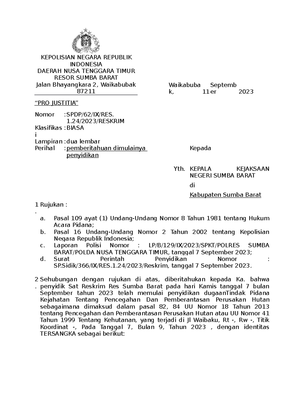 SPDP 62/IX/2023 - Pemberitahuan Dimulainya Penyidikan Kejaksaan - Studocu