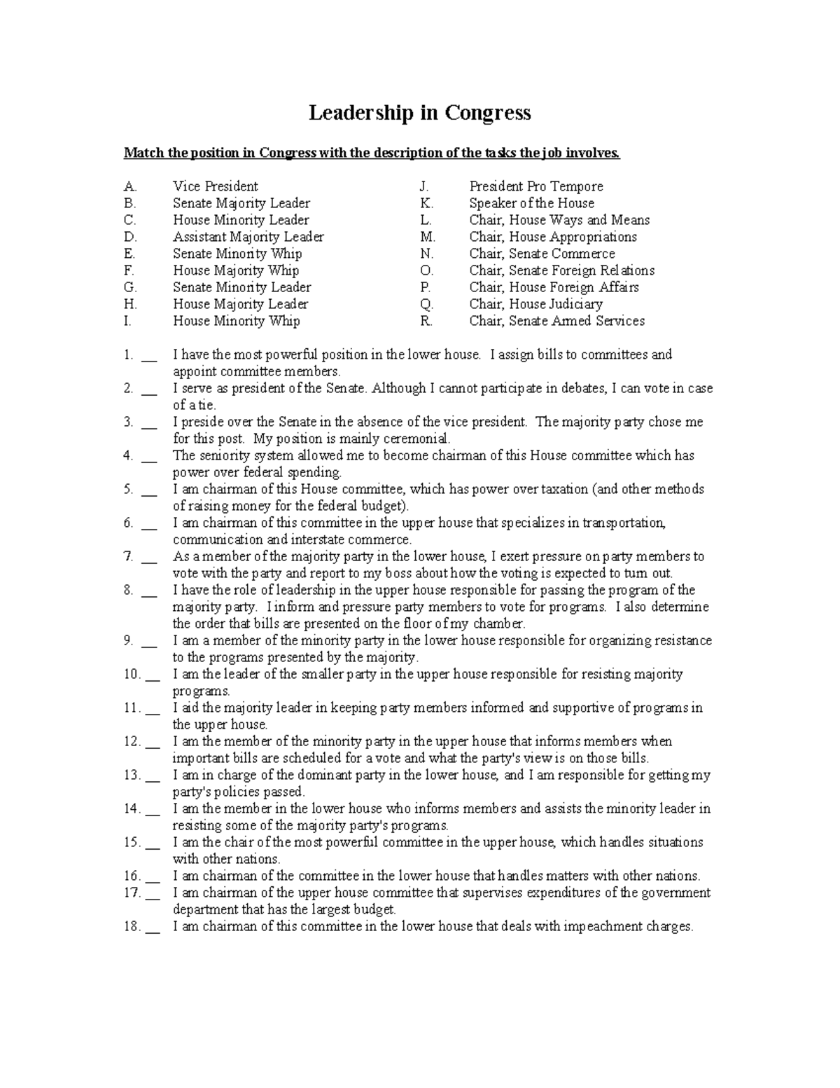 03a WS - Congressional Leadership 1-18 - Leadership in Congress Match ...