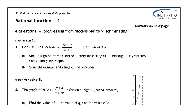 IB Math HL/SL: Rational Functions 1 - Answers to 4 Questions - Studocu