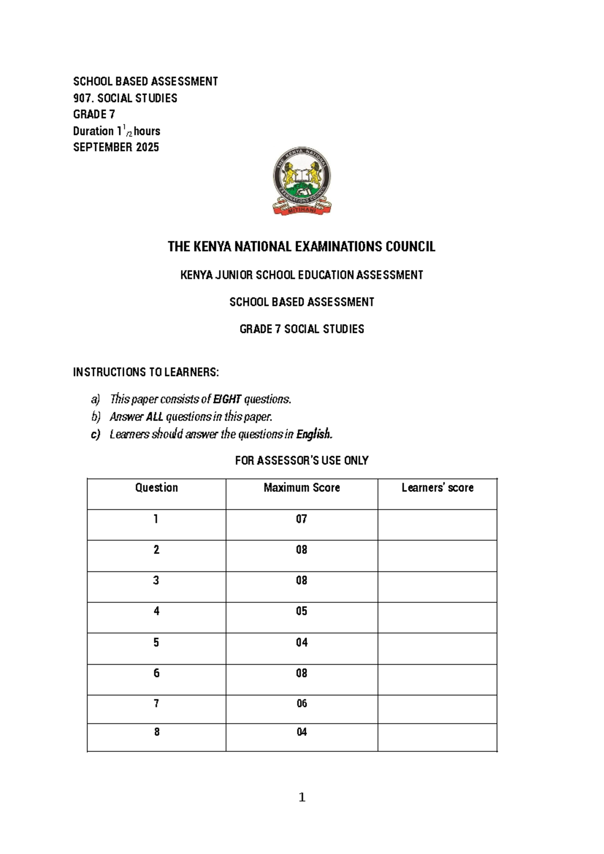 SCHOOL BASED ASSESSMENT 907: GRADE 7 SOCIAL STUDIES 2025 - Studocu
