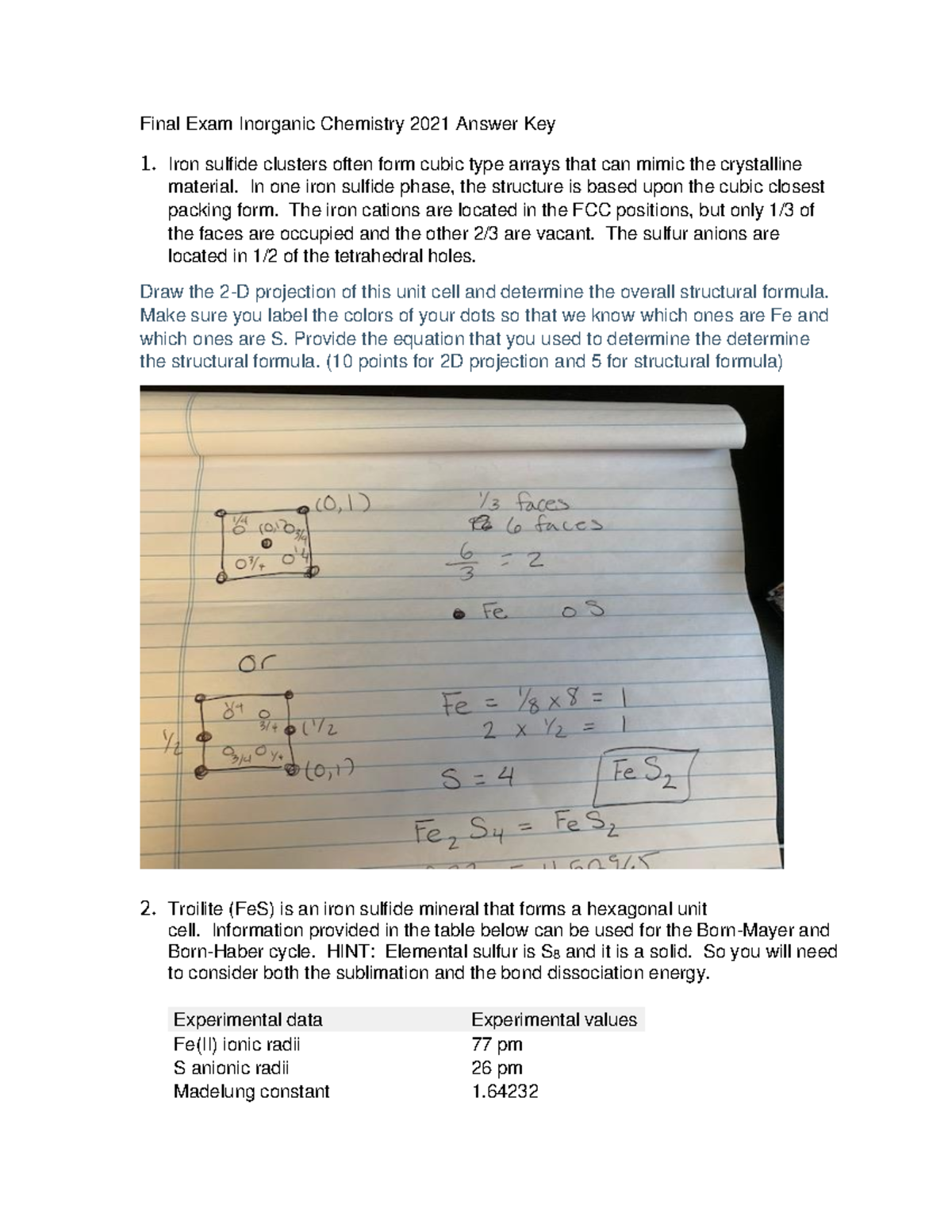 Final Exam 2021 Key - Inorganic Chemistry - Final Exam Inorganic ...