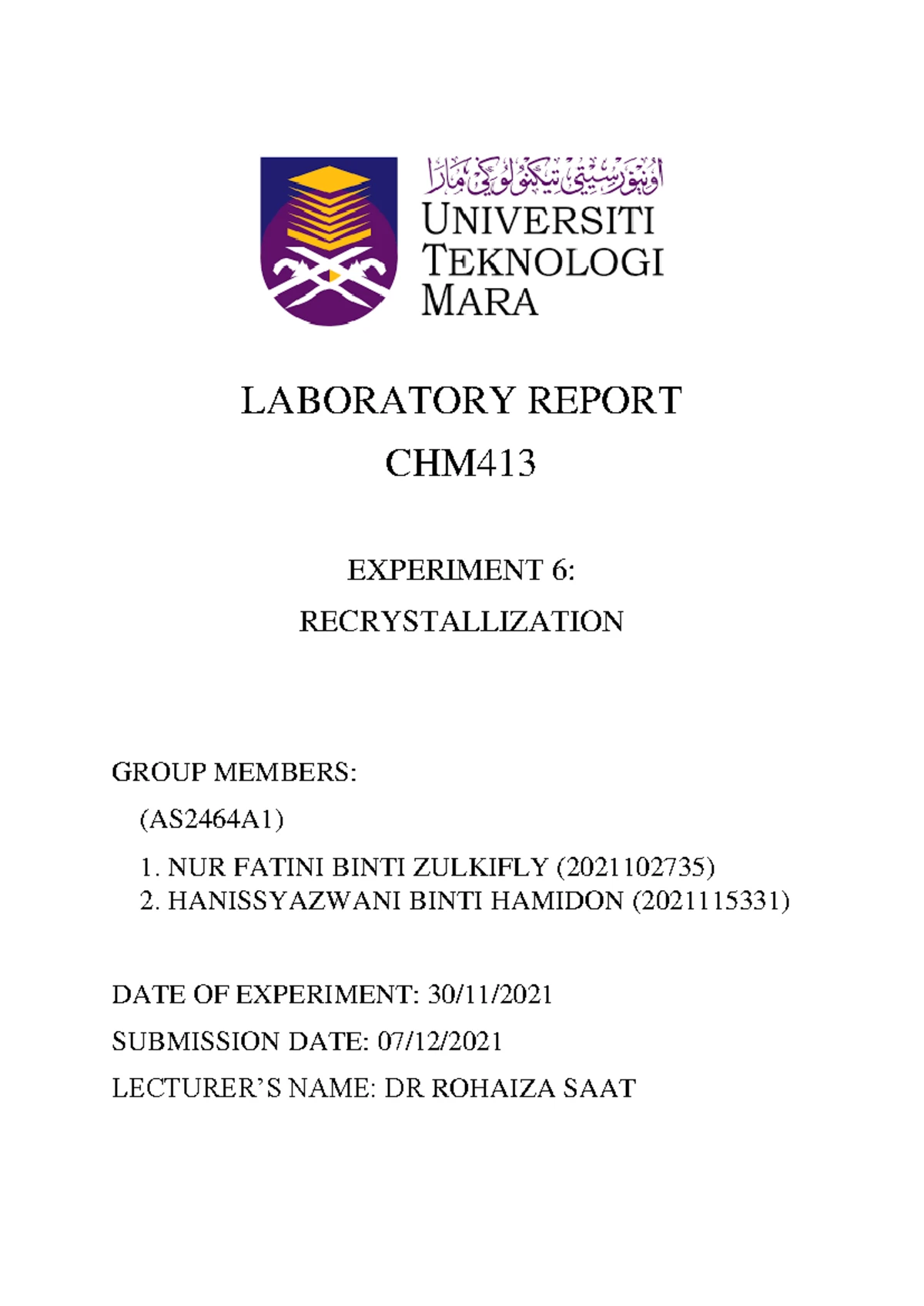 Experiment 5 Reaction of Hydrocarbons in Organic Chemistry - AINA SUFI BINTI HAMDAN 2020575445 ...