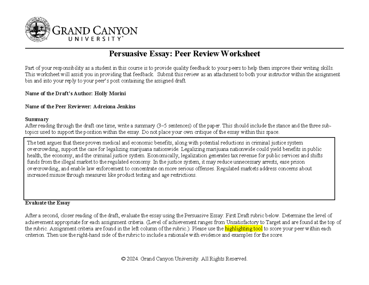 Persuasive Essay Peer Review Worksheet (ENG101) - Studocu