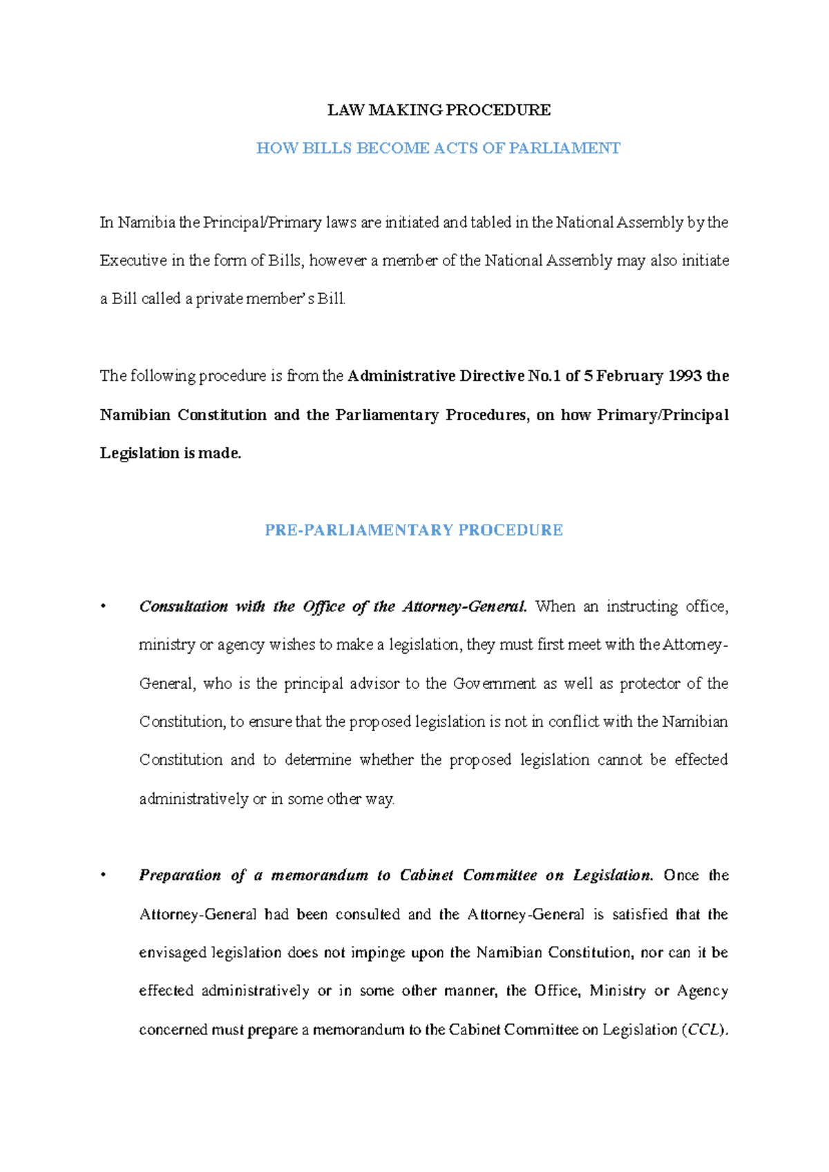 Law Making Procedure in Namibia - Practical Notes on Legislative ...