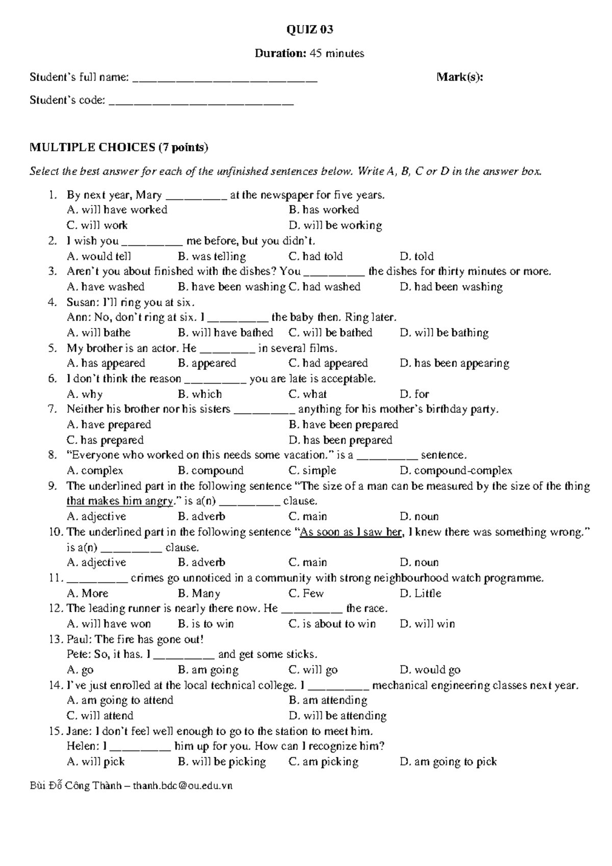 Grammar QUIZ 03: Multiple Choice Questions and Sentence Correction ...