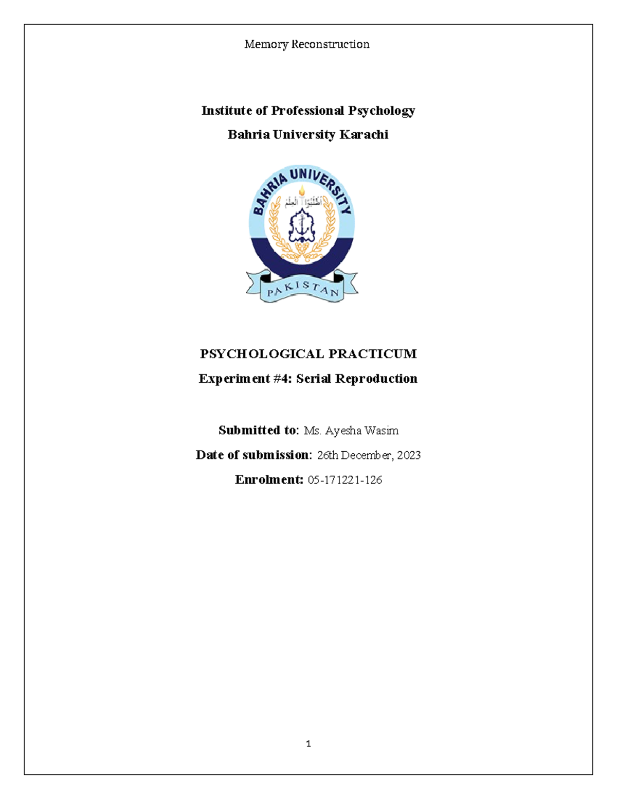 Final Report on Serial Reproduction (Psychological Practicum PSY-4 ...