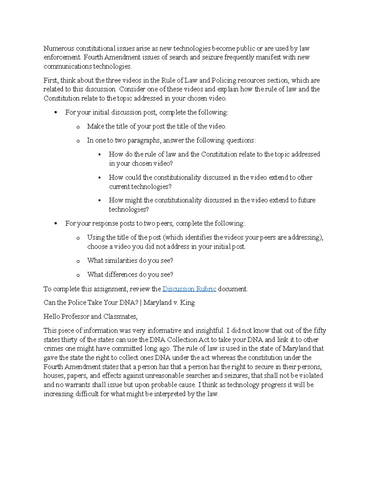 CJ 112 Module 2 Discussion: Analysis of "Can the Police Take Your DNA ...