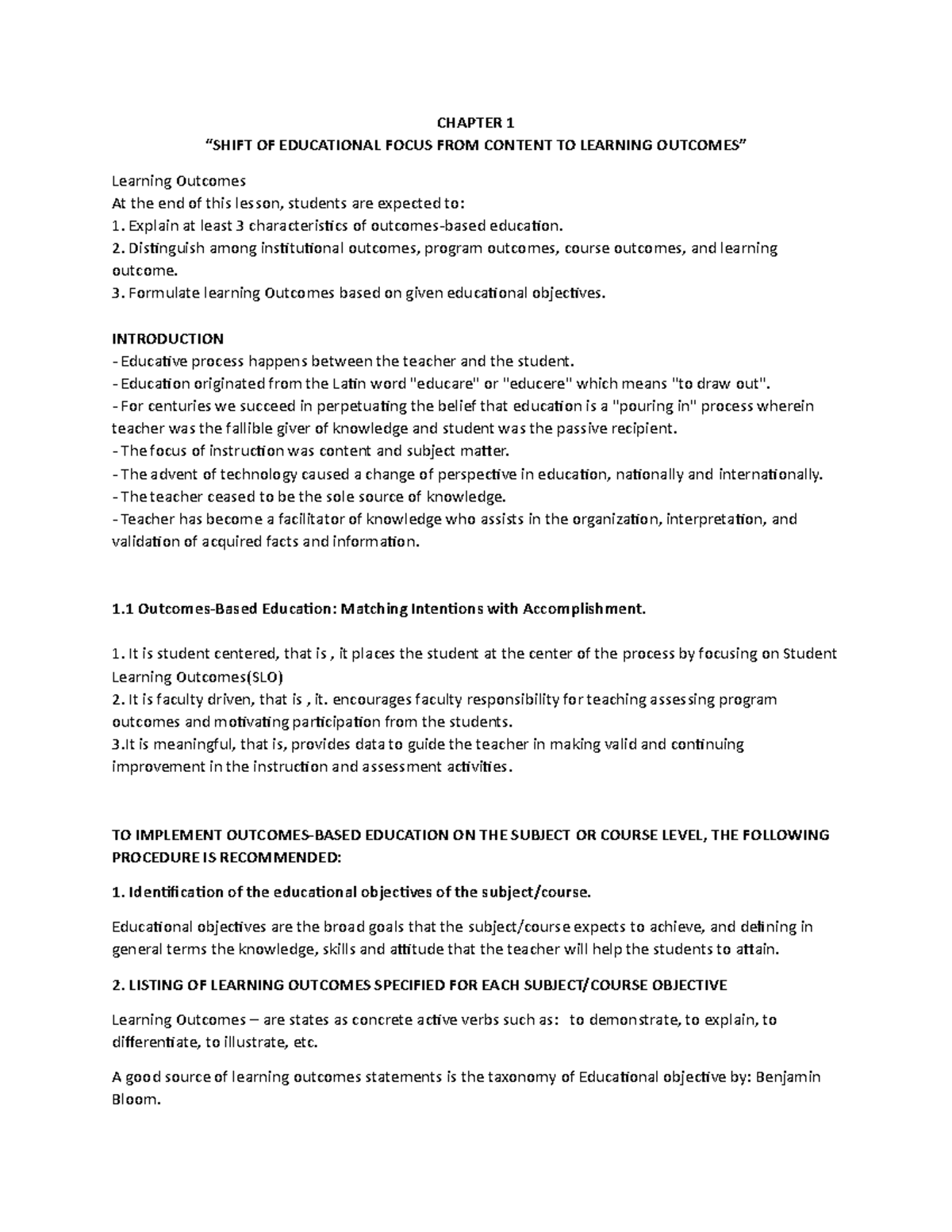 SHIFT OF EDUCATIONAL FOCUS FROM CONTENT TO LEARNING OUTCOMES - CHAPTER 1 “SHIFT OF EDUCATIONAL ...