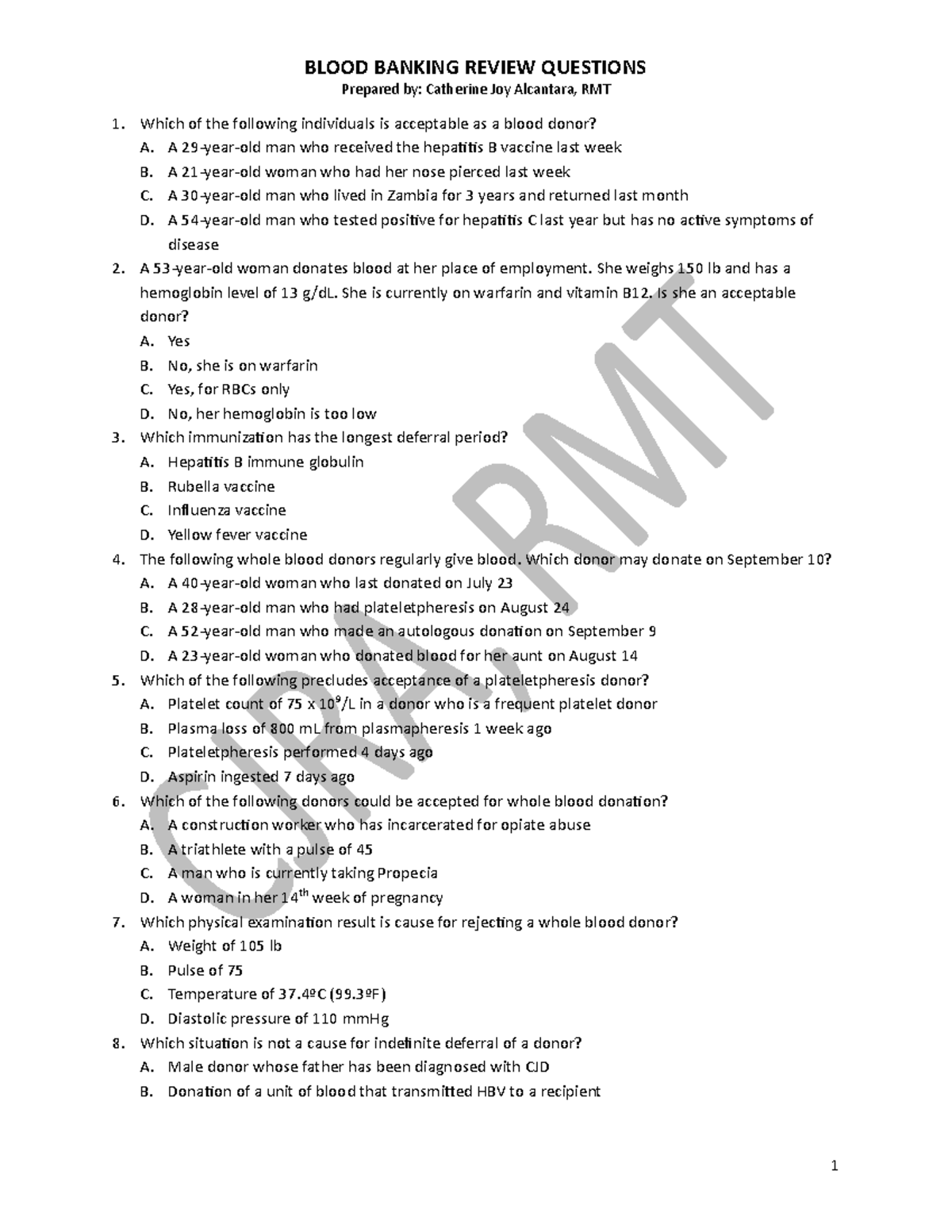 BLOOD BANKING REVIEW QUESTIONS - RMT Exam Prep - Studocu