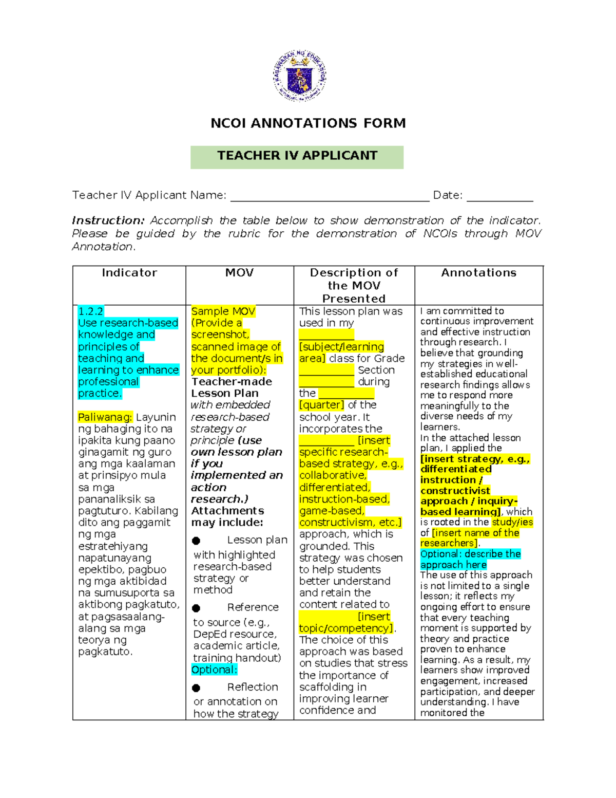 Sample NCOI Annotations for Teacher IV Applicant - Studocu