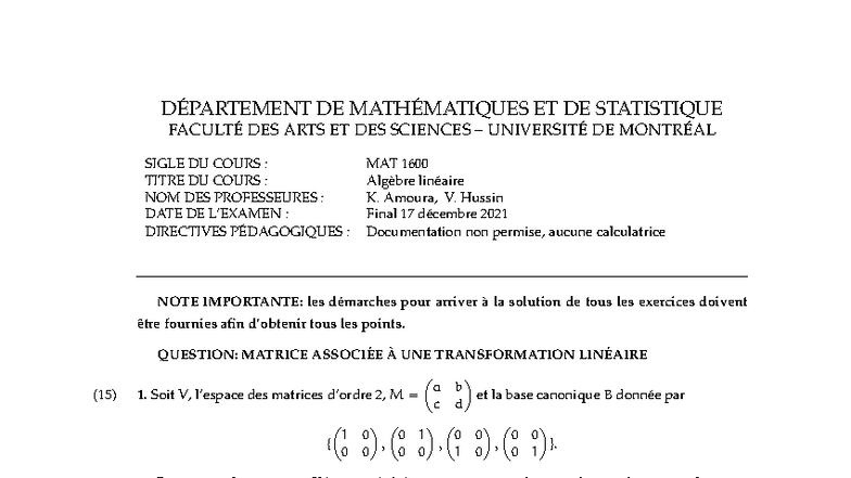 MAT 1600 Final Exam 2021: Matrices and Transformations - Studocu