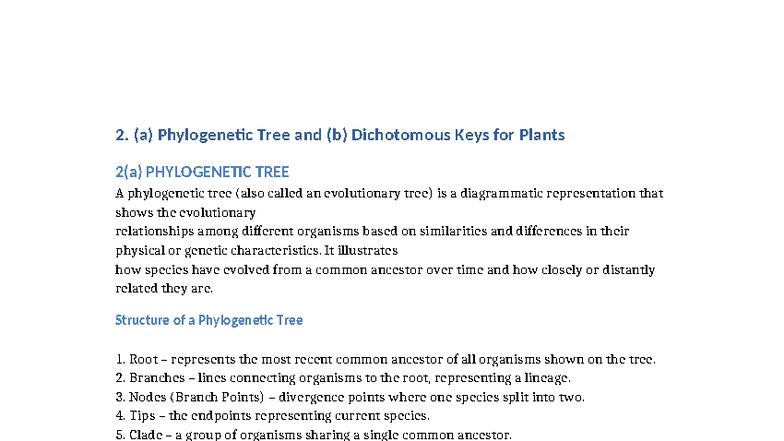 Phylogenetic Tree & Dichotomous Keys for Plants (BIO 101) - Studocu