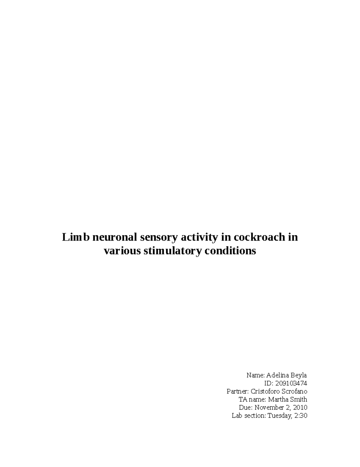 Limb Neuronal Responses in Cockroach to Various Stimuli - Lab Study ...