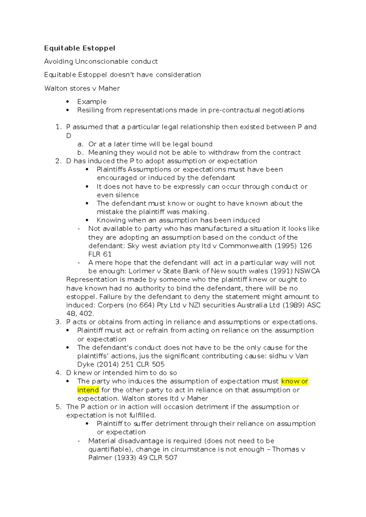 Contracts - Cheat Sheet: Equitable Estoppel & Key Cases (LAW101) - Studocu