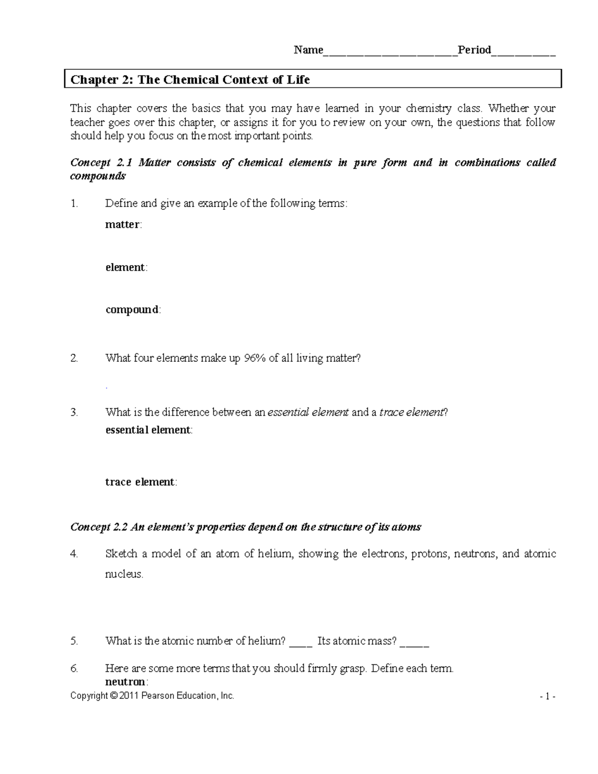 Chapter 2: The Chemical Context of Life - Reading Guide Homework - Studocu