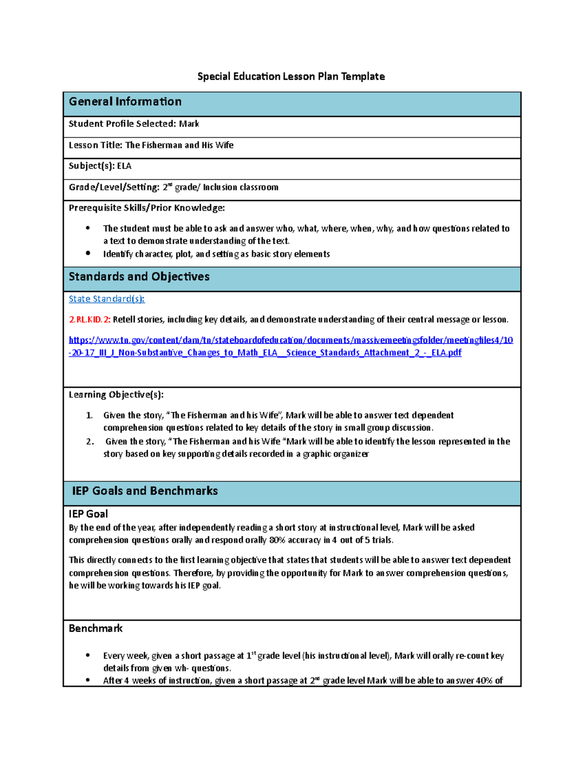 Special Education Lesson Plan-Passed - Special Education Lesson Plan ...