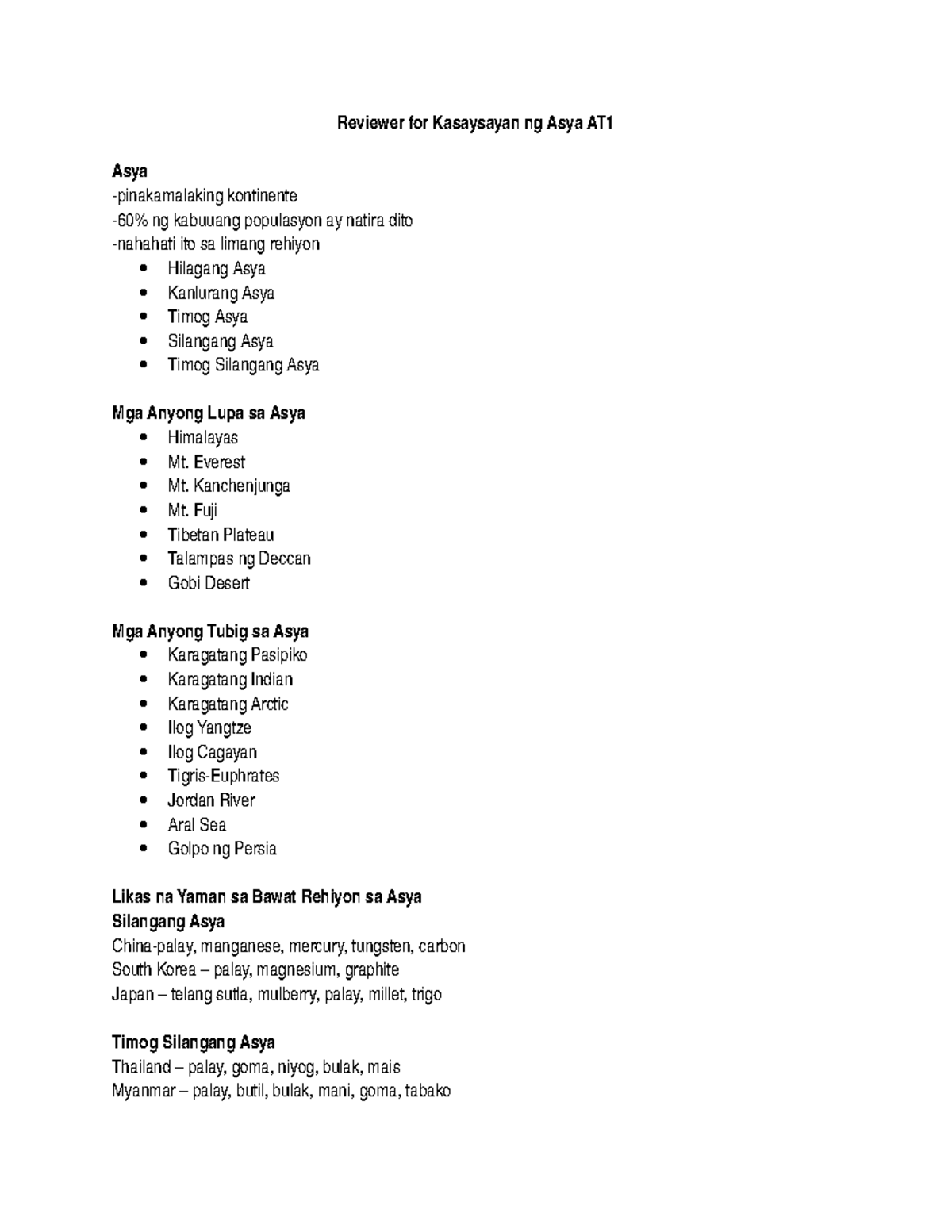 Reviewer Kasaysayan ng Asya Achievement Test 1 - Reviewer for ...