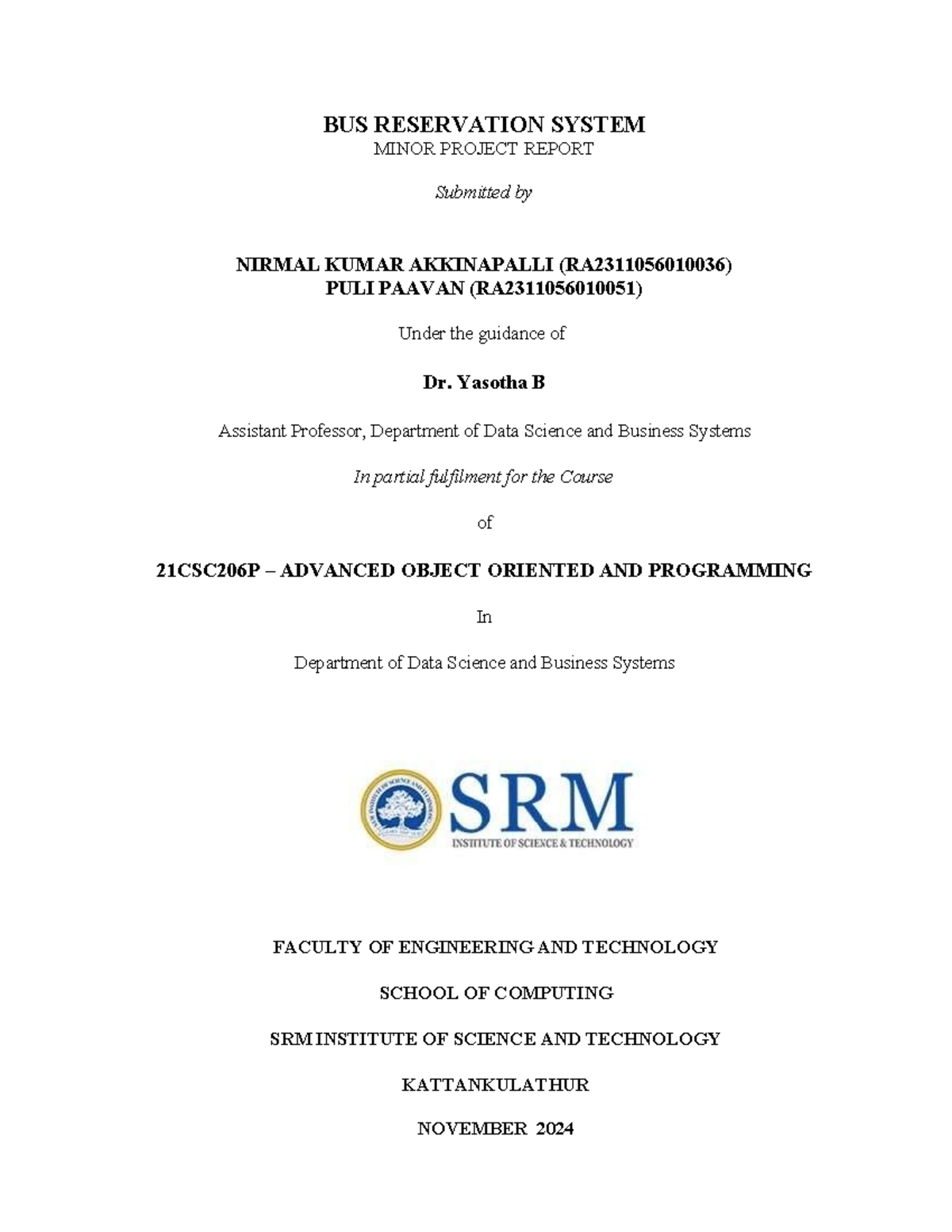 Final Report On Bus Reservation System 21csc206p Studocu