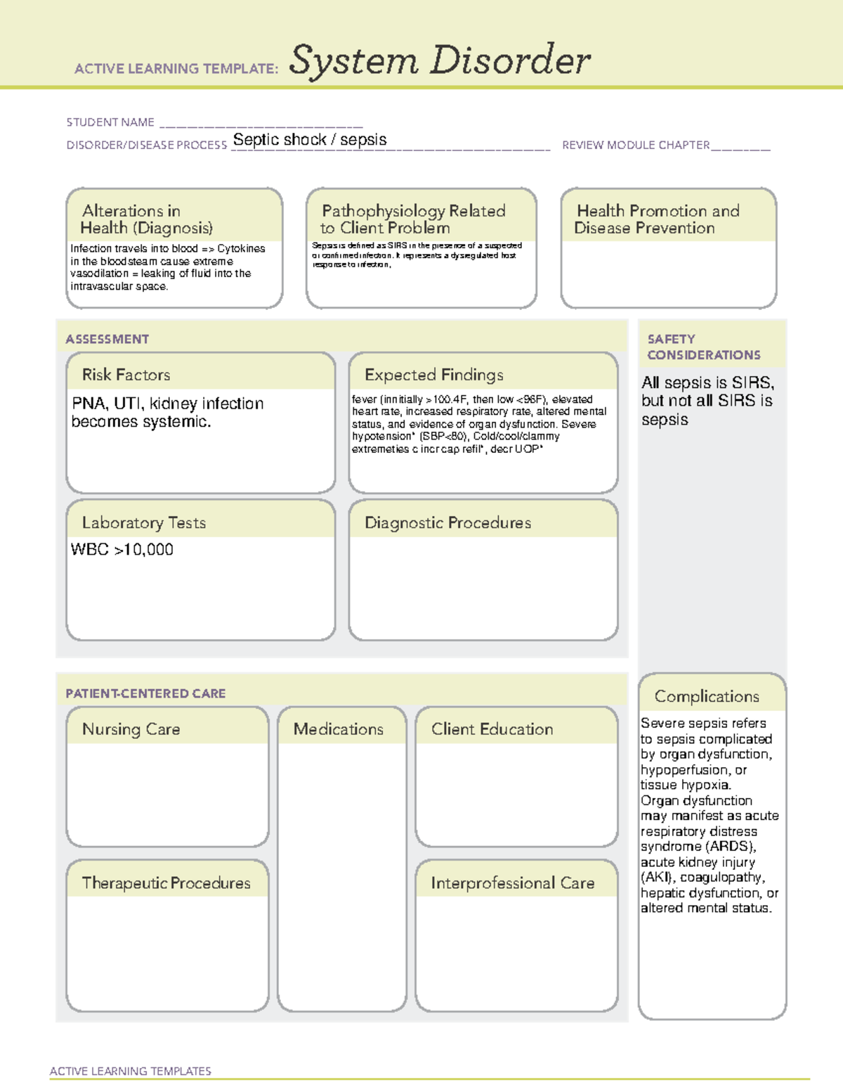 Active learning template: System disorder sepsis review module - Studocu