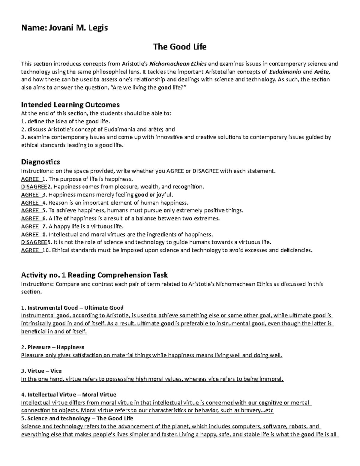Good Life STS Activity: Exploring Eudaimonia in Modern Contexts - Studocu